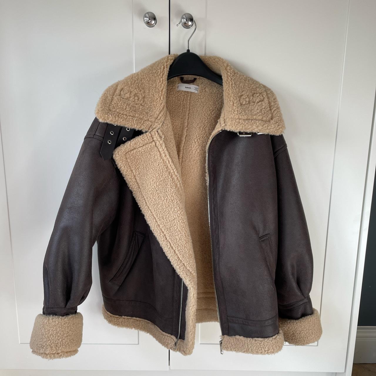 Mango borg trim aviator jacket in tobacco brown.... - Depop