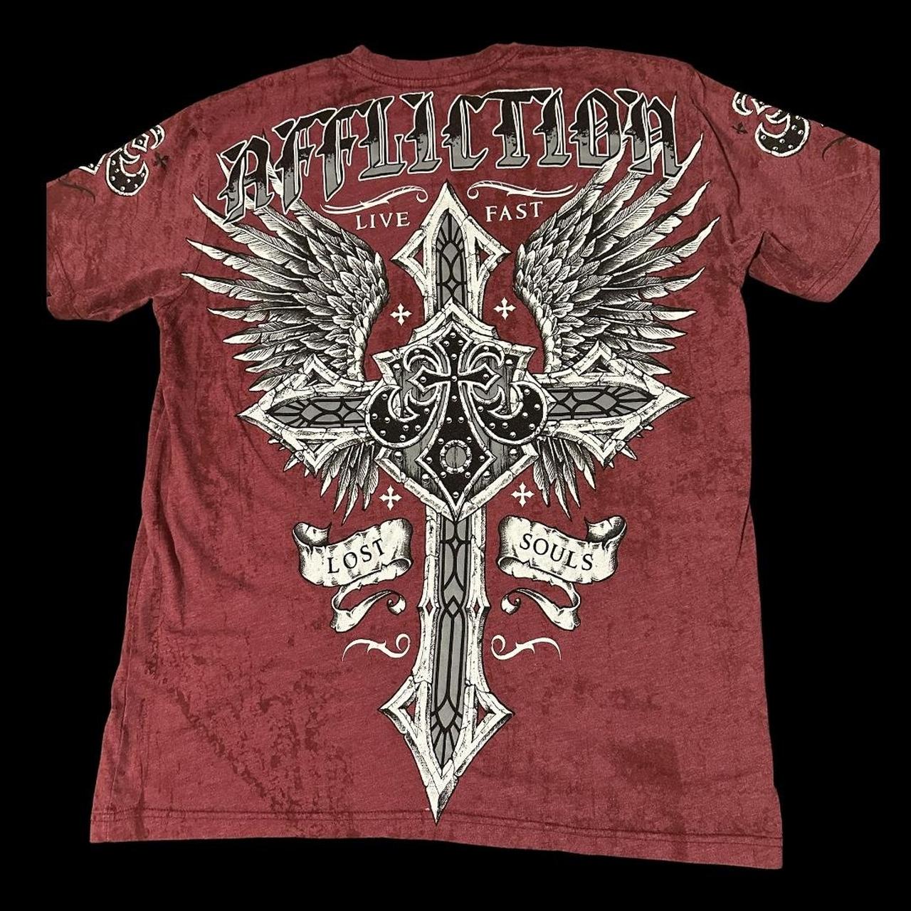 Really fire red Affliction tee Size Medium, No... - Depop
