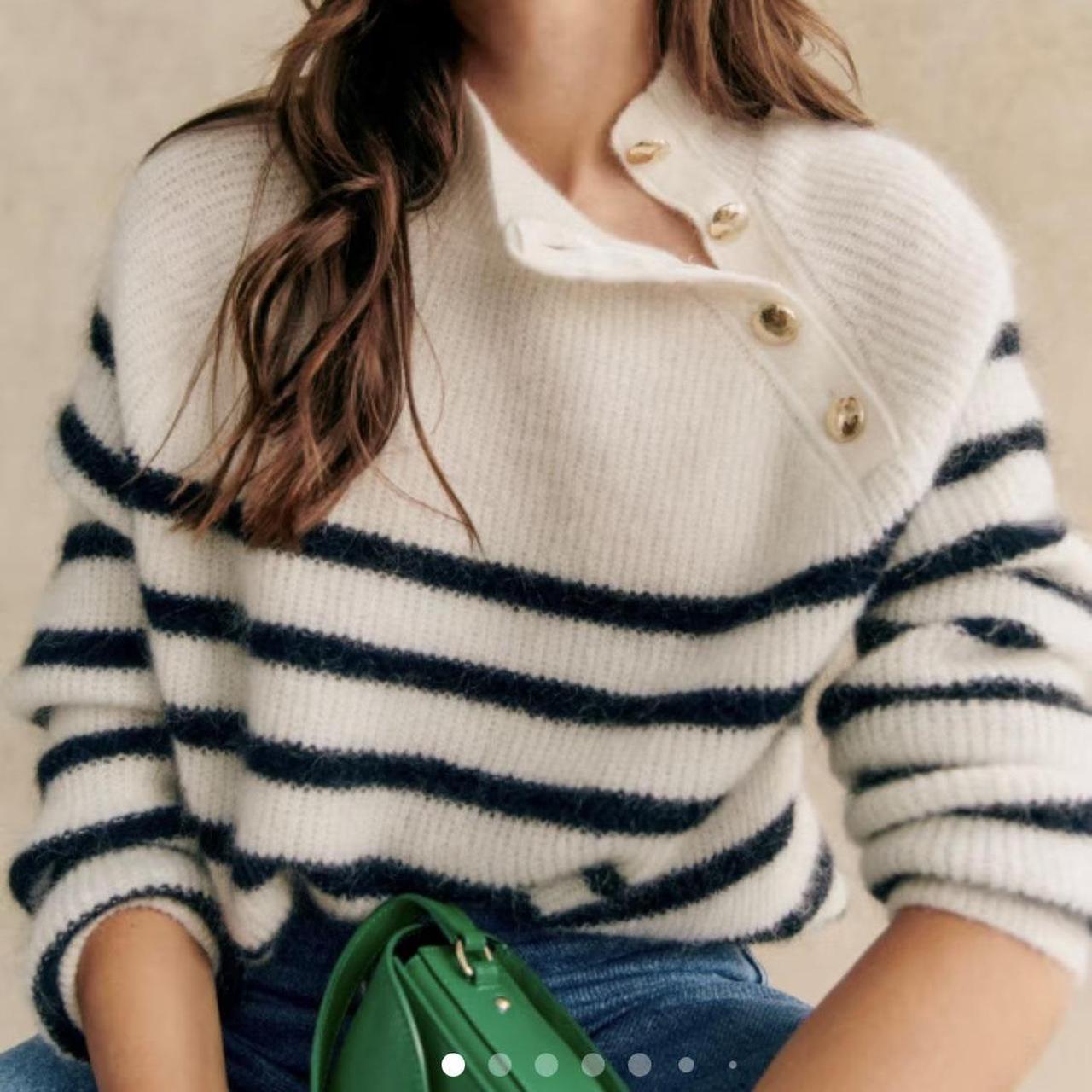 Sezane striped sweater with gold button detail... - Depop