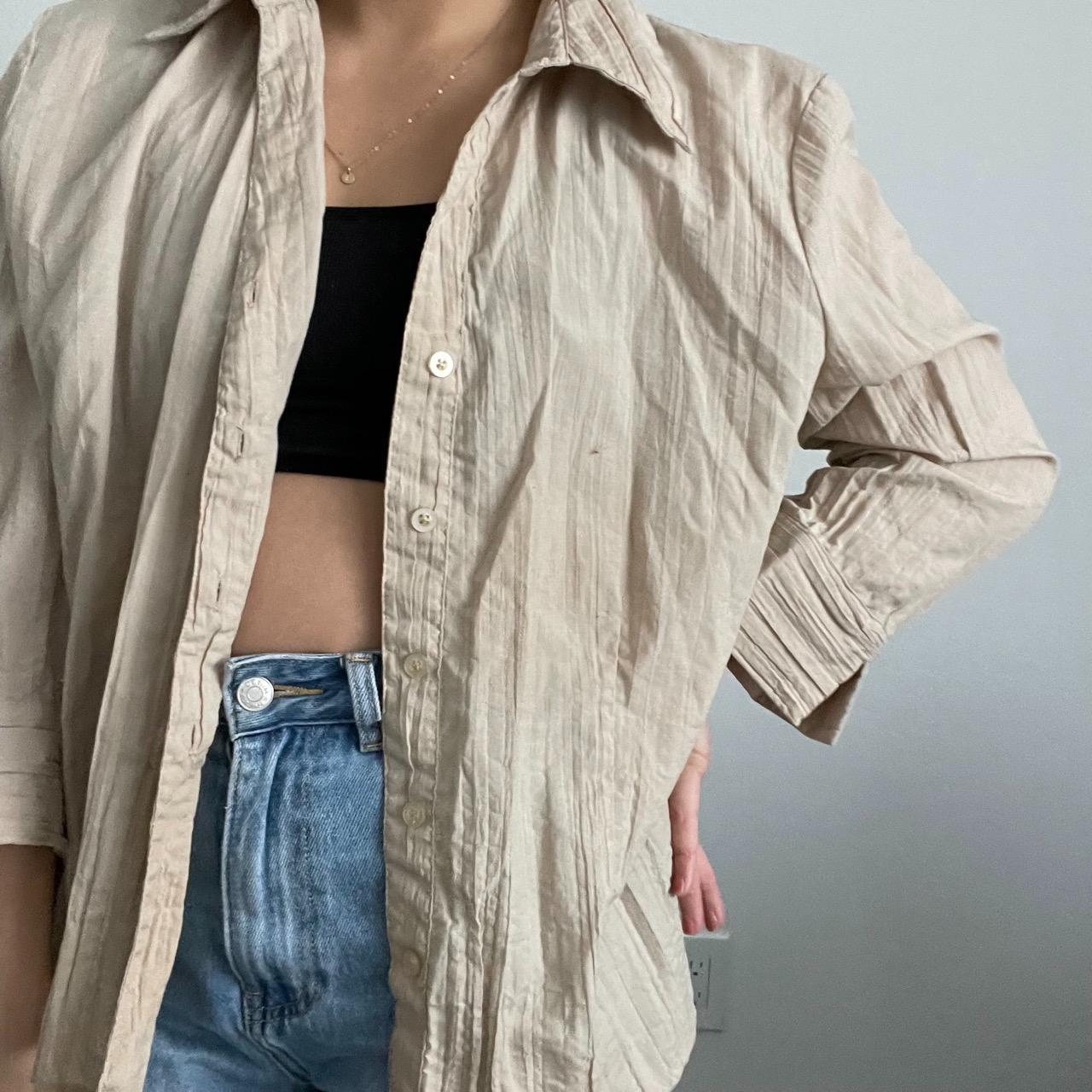 Texturized cream button up with quarter length... - Depop