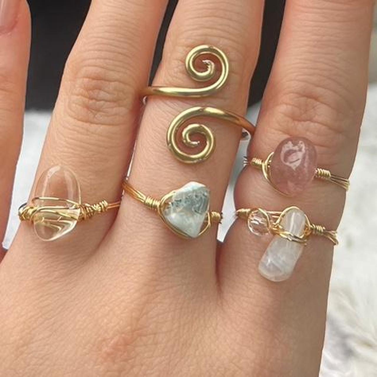 Set of 5 gold wire rings with clear quartz,... | Depop
