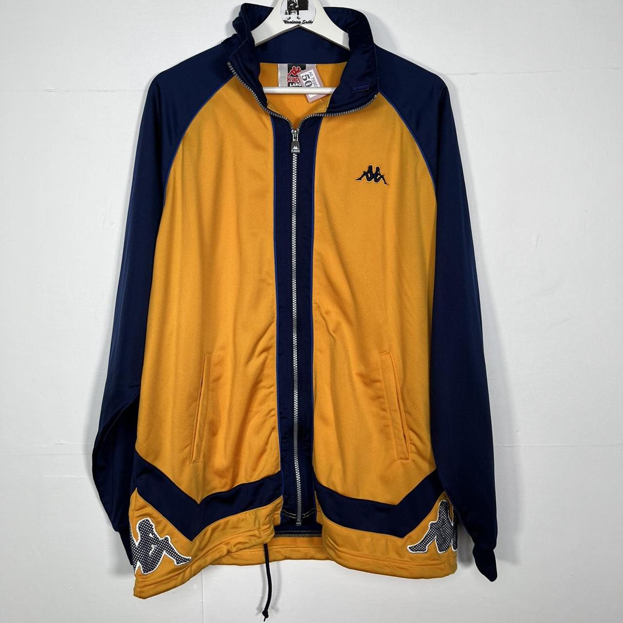 P506 Yellow and navy kappa zip up sweater Size... - Depop