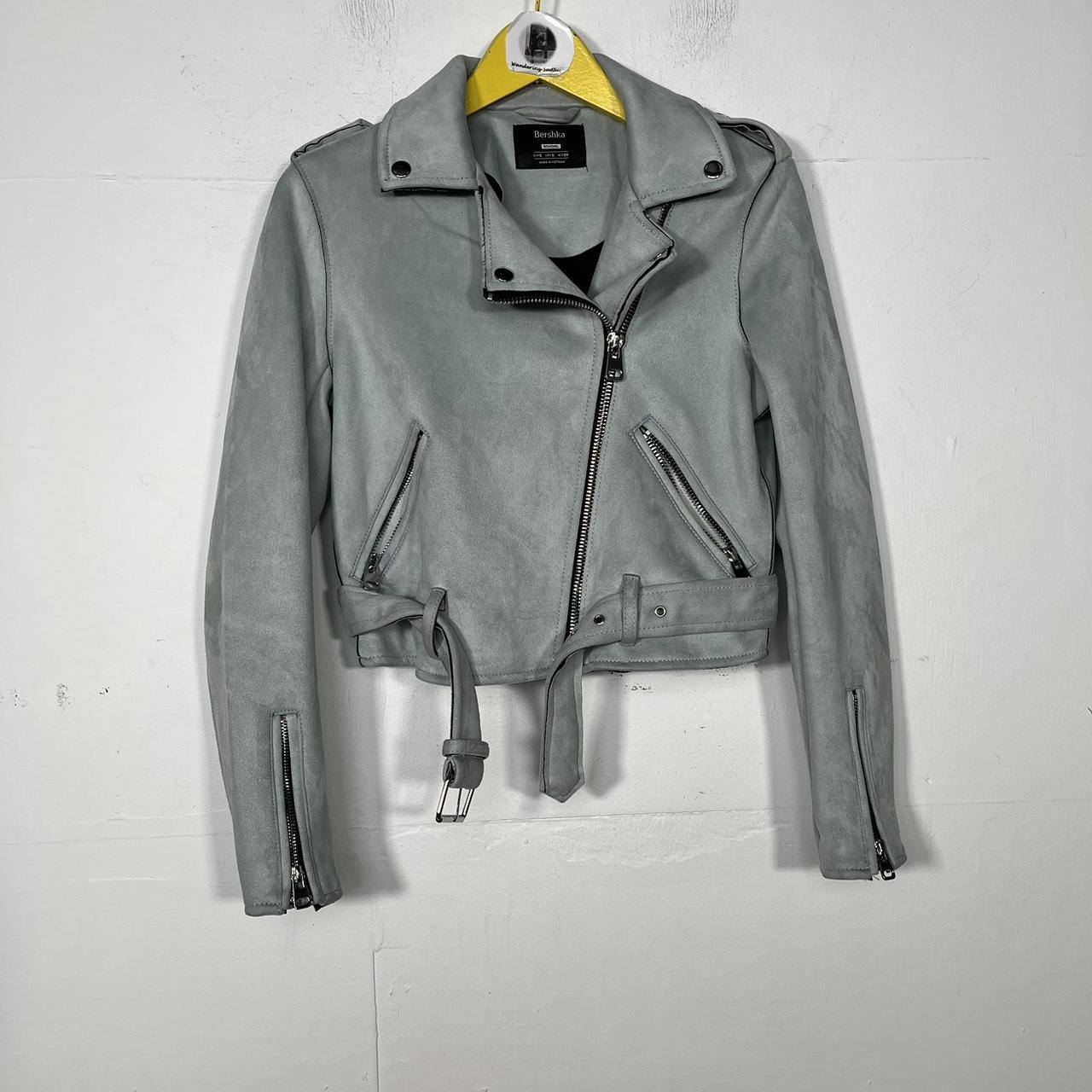 Np816 Blue pleather Bershka jacket cropped Size S... - Depop