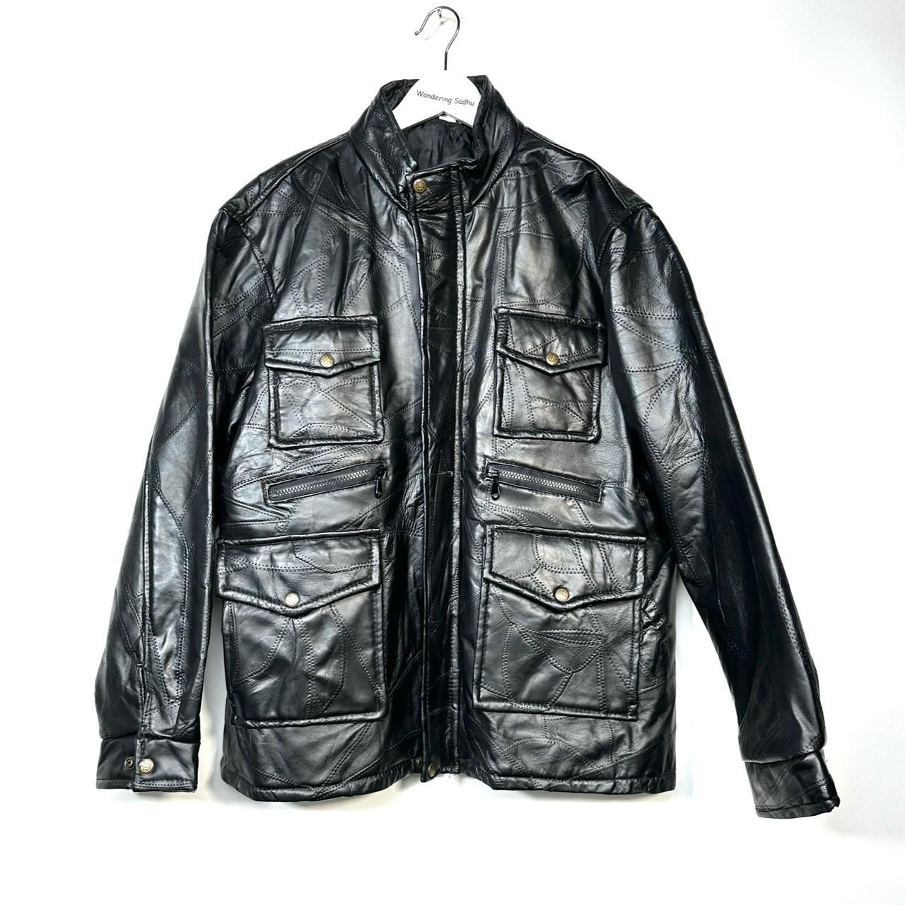 B291 Black heavy leather bomber style jacket Size... - Depop