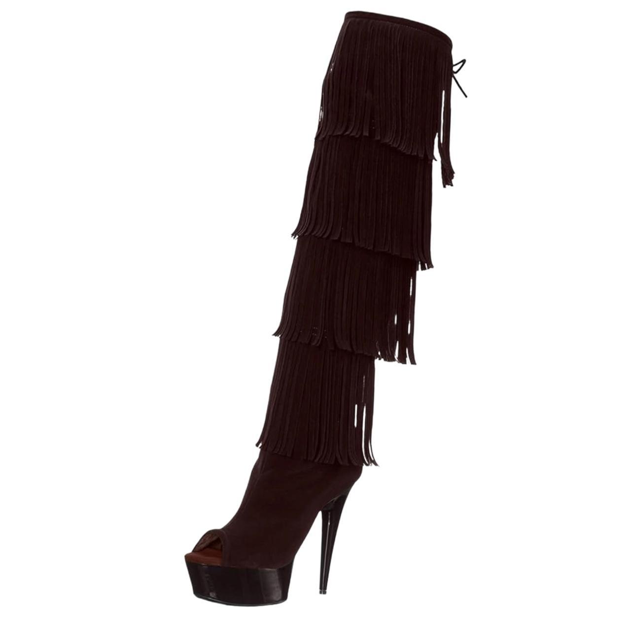 Brown fringe thigh high boots Indian felt velvet. No... - Depop
