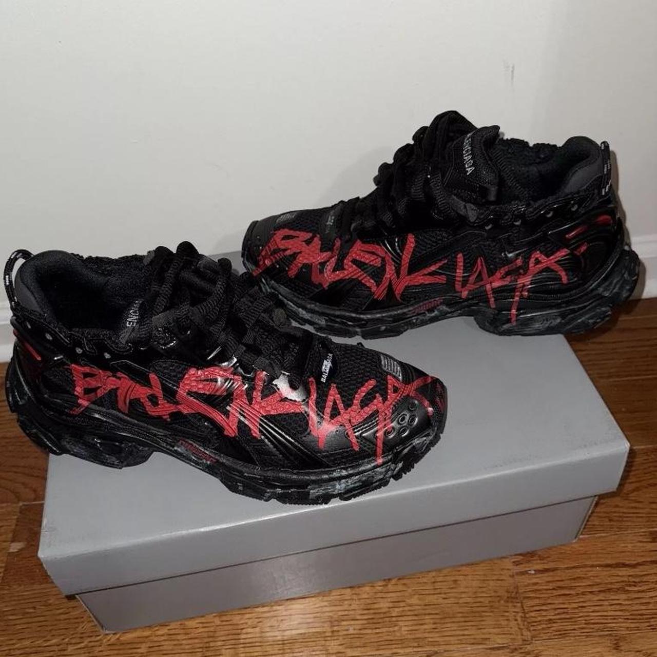 Red and black balenciaga runners -worn once -comes... | Depop