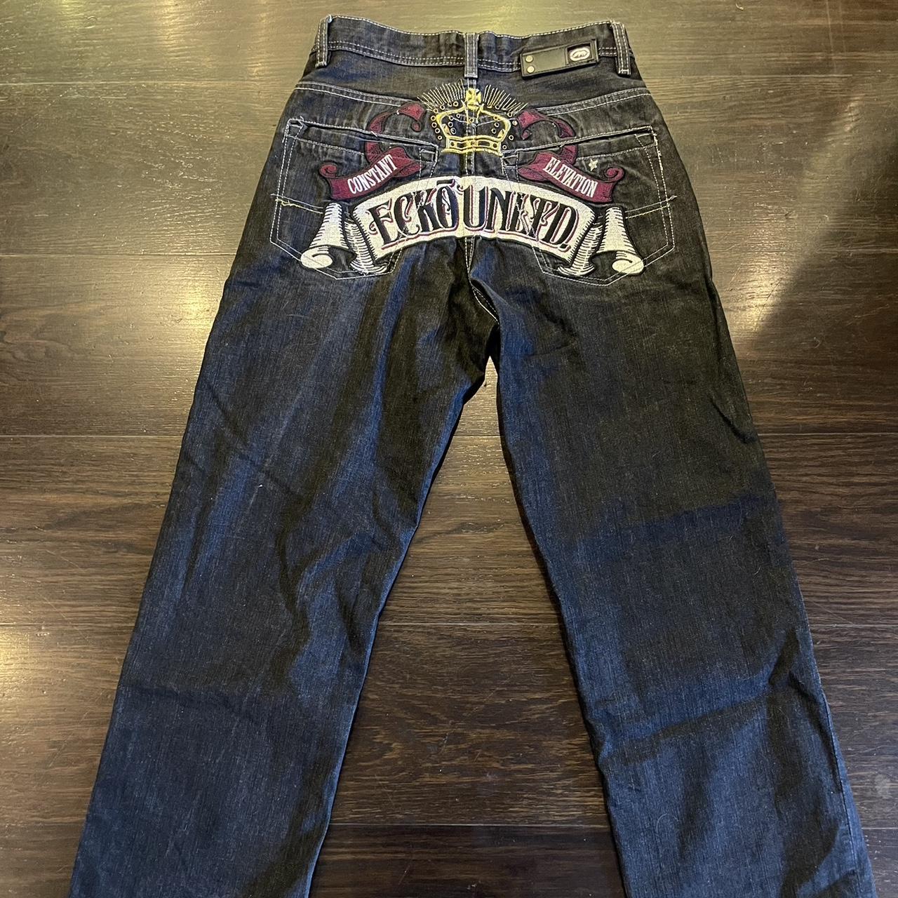 Ecko Unltd. black denim embroidered jeans... - Depop