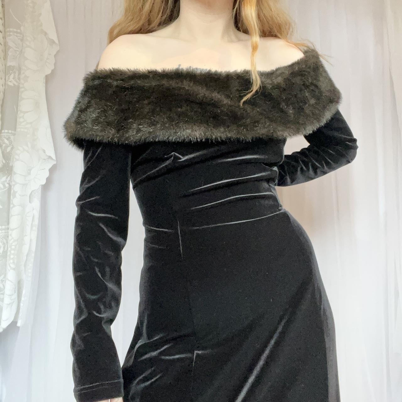 Vintage velvet faux fur dress. Gorgeous black velvet... - Depop