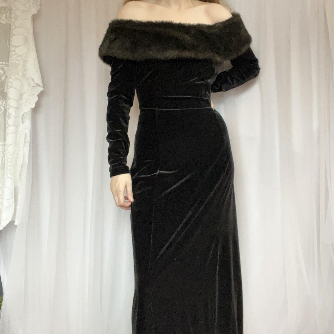 Vintage velvet faux fur dress. Gorgeous black velvet... - Depop