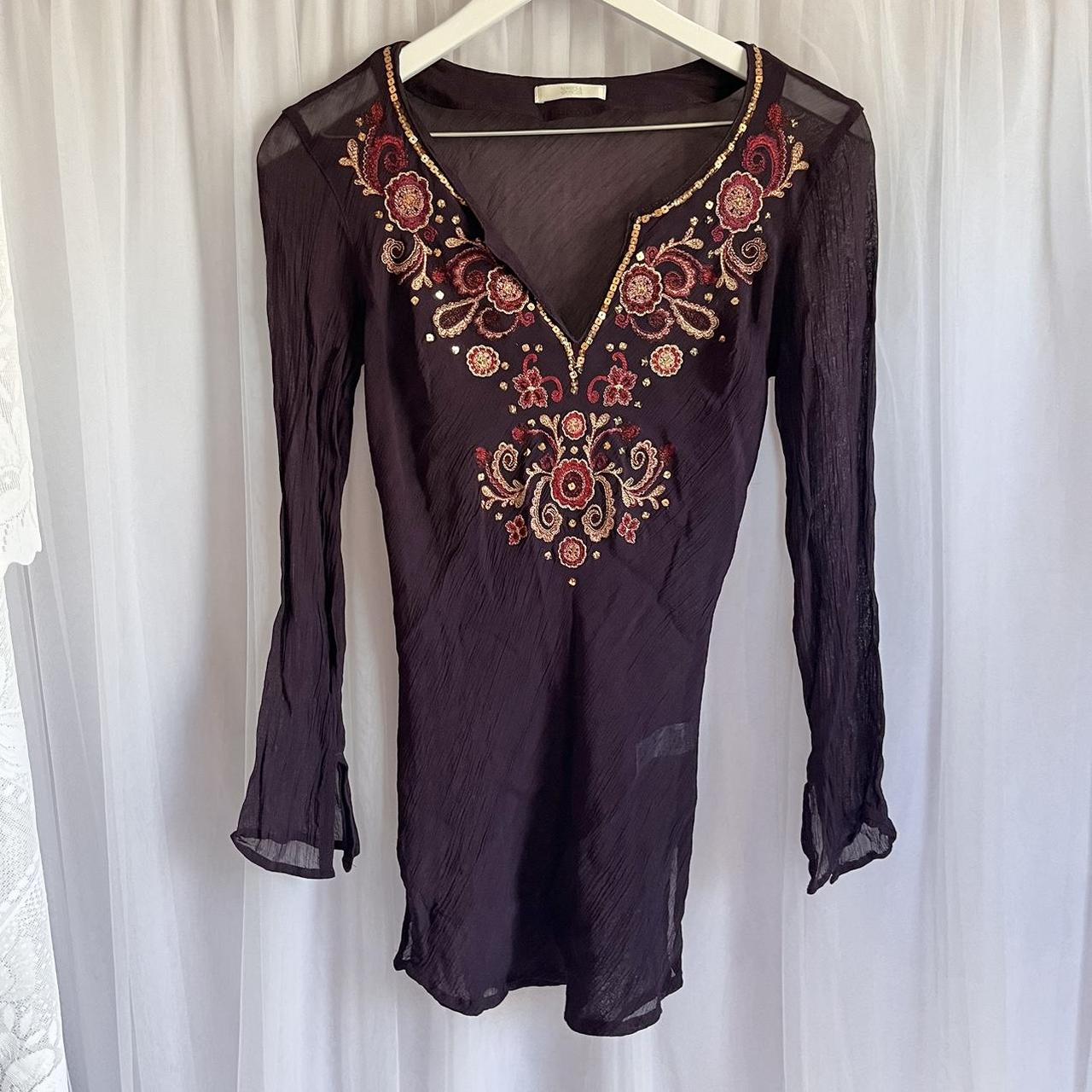 Sheer embroidered boho top. Purple sheer top with... - Depop