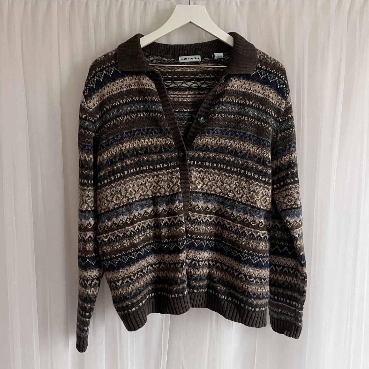 Vintage 90’s striped cardigan Green/ tan funky... | Depop