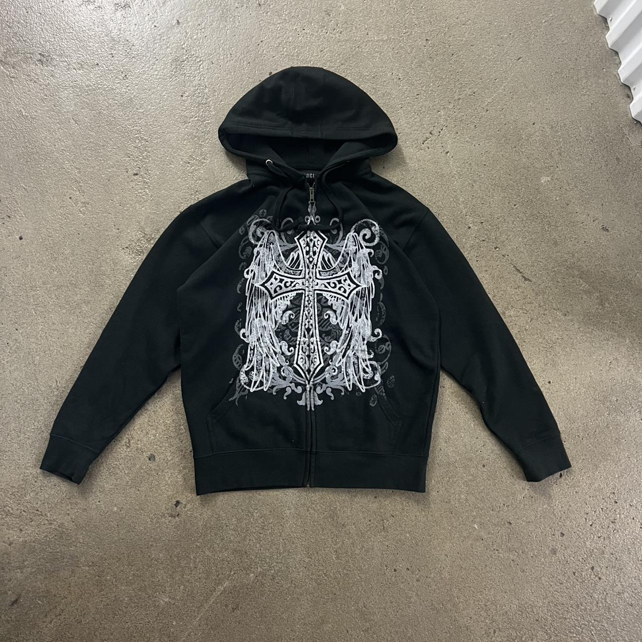 Black Affliction style zip up hoodie with white... | Depop