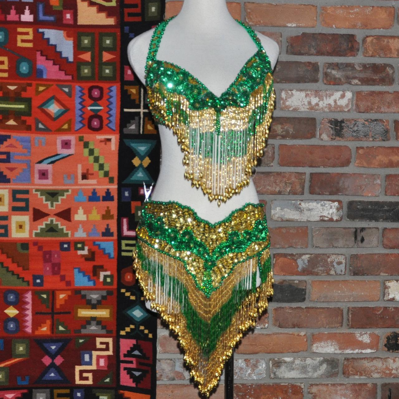3 Piece Green And Gold Sequin Heavily Beaded Depop