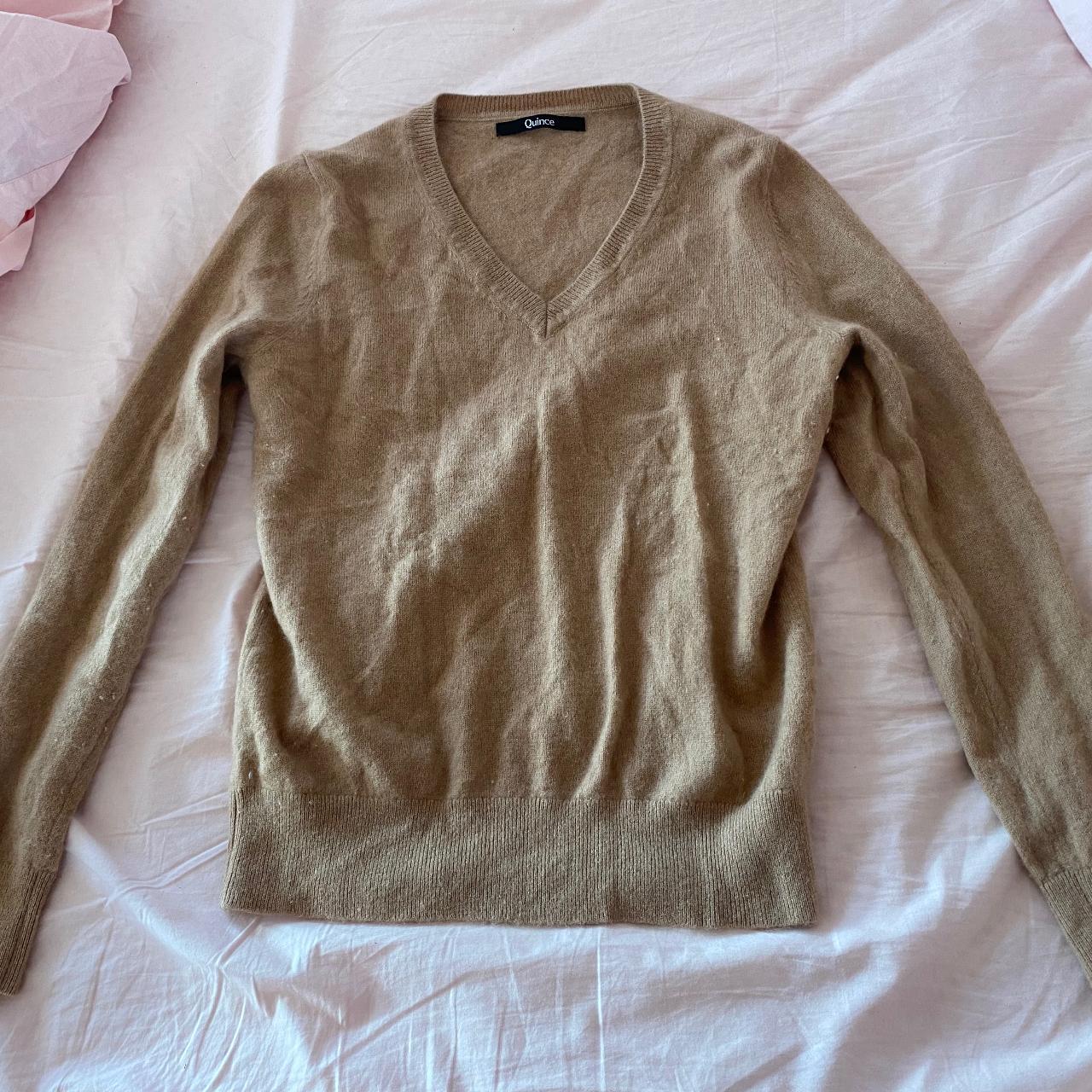 Quince 100% cashmere tan v neck sweater, size small.... - Depop