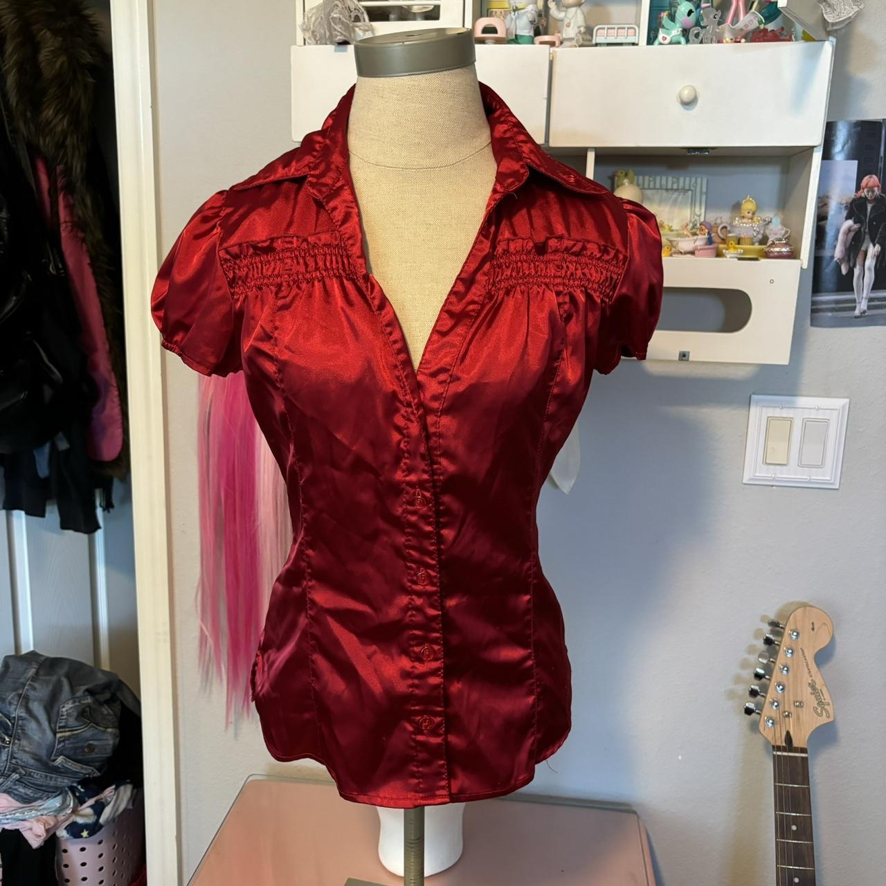 Red satin blouse with ruffles and embroidery details... - Depop