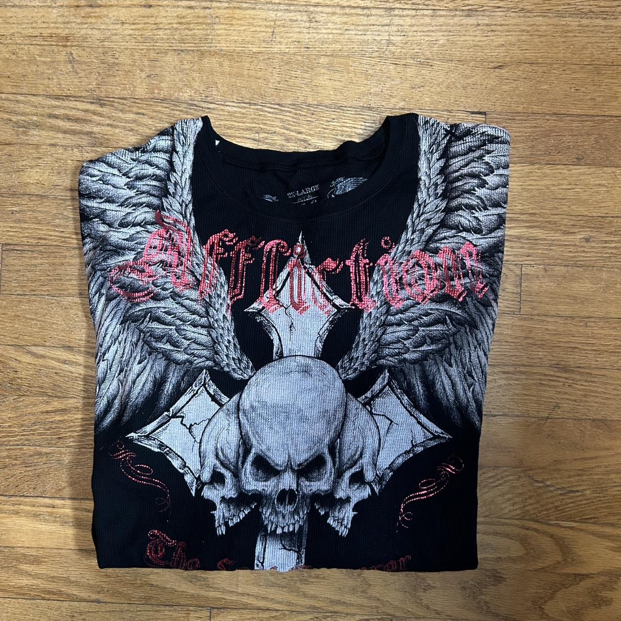 affliction black and red skull cross shirt... | Depop