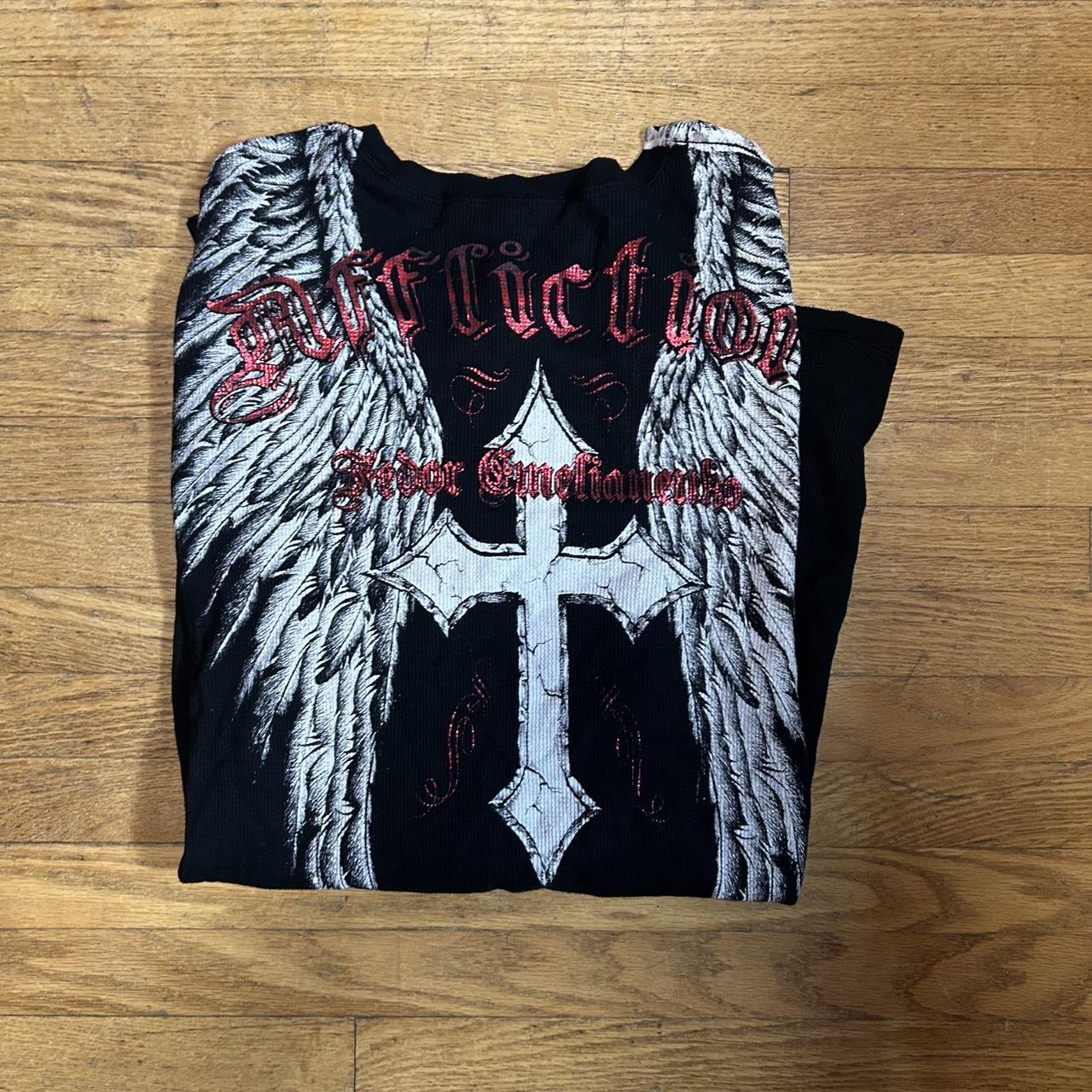 affliction black and red skull cross shirt... | Depop