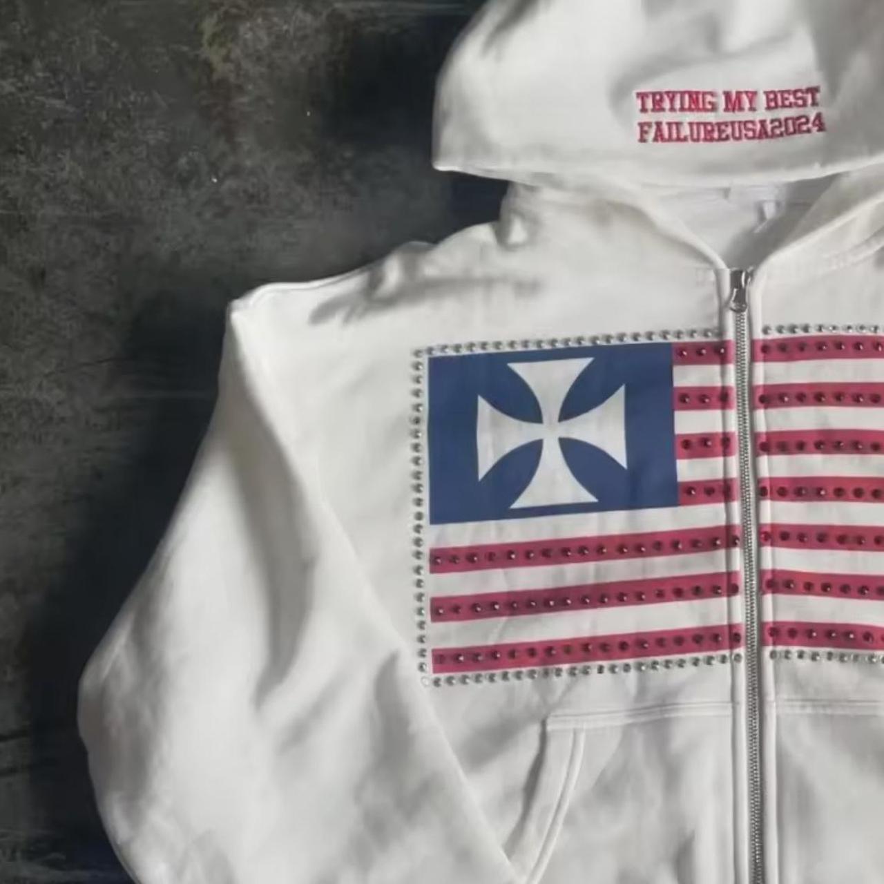 White hoodie with graphic design rhinestone pearls... - Depop