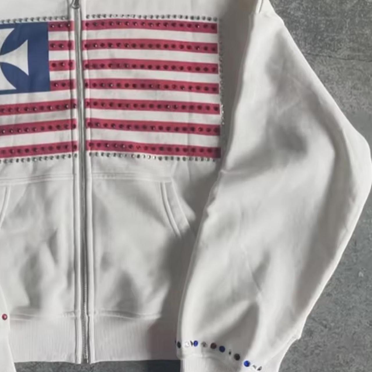 White hoodie with graphic design rhinestone pearls... - Depop