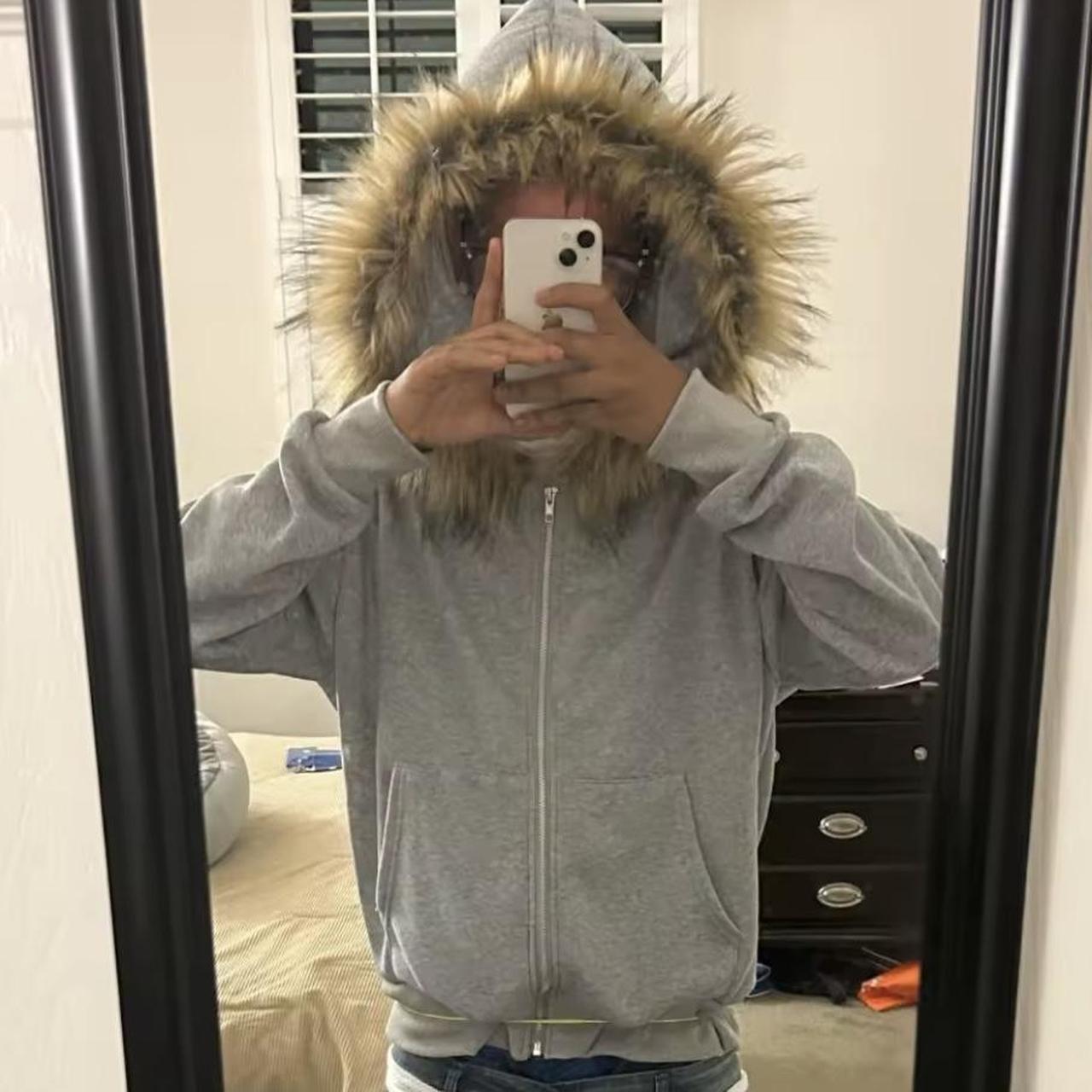 Grey faux fur hooded jacket baggy fitted Thick... | Depop