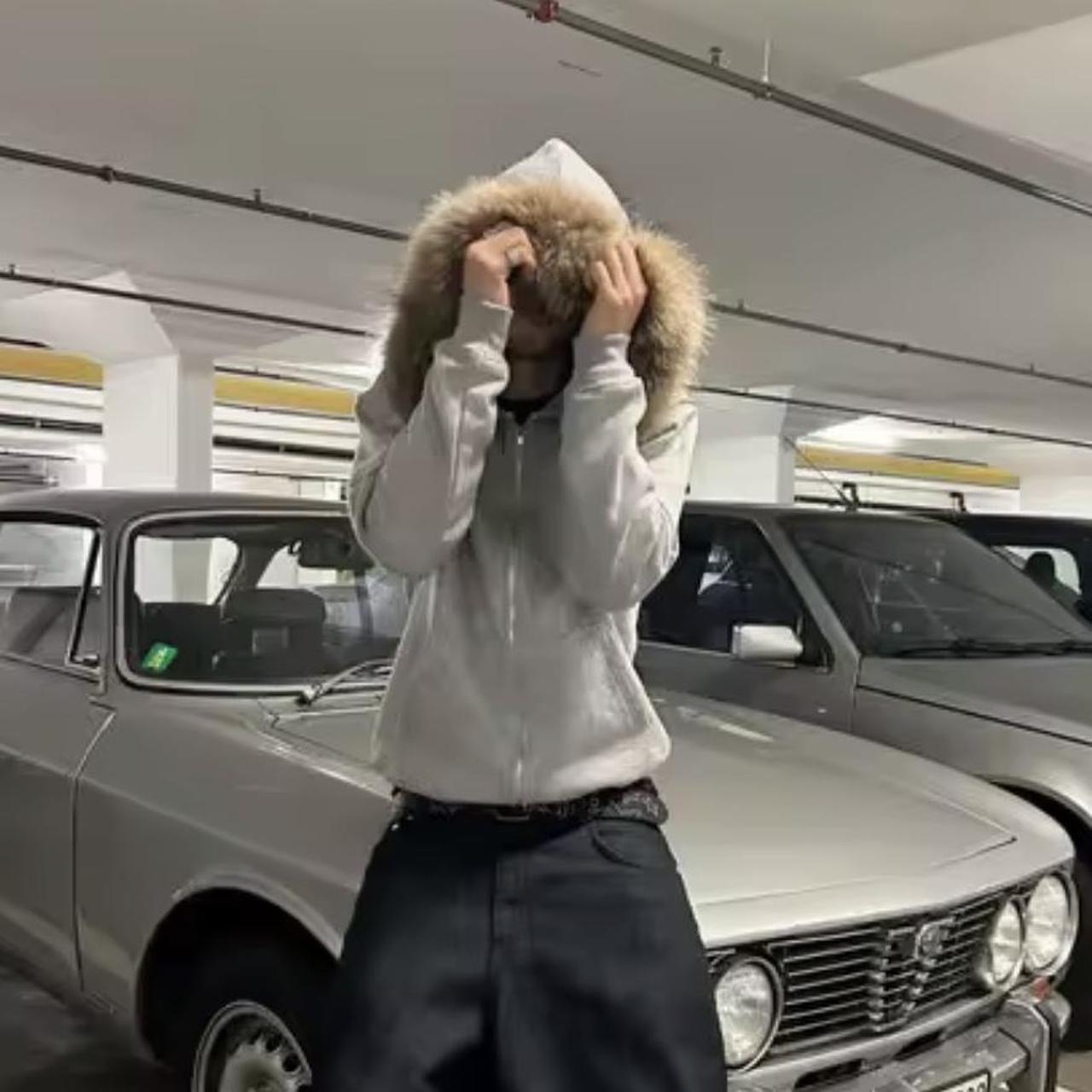 Grey faux fur hooded jacket baggy fitted Thick... | Depop