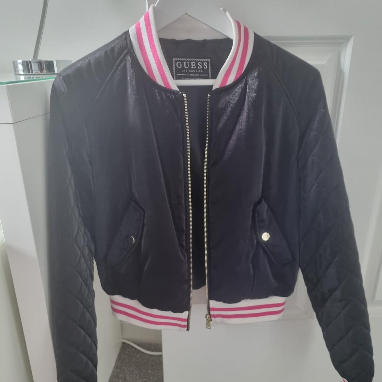 Guess Bomber Jacket Pearlescent black, white and pink - Depop