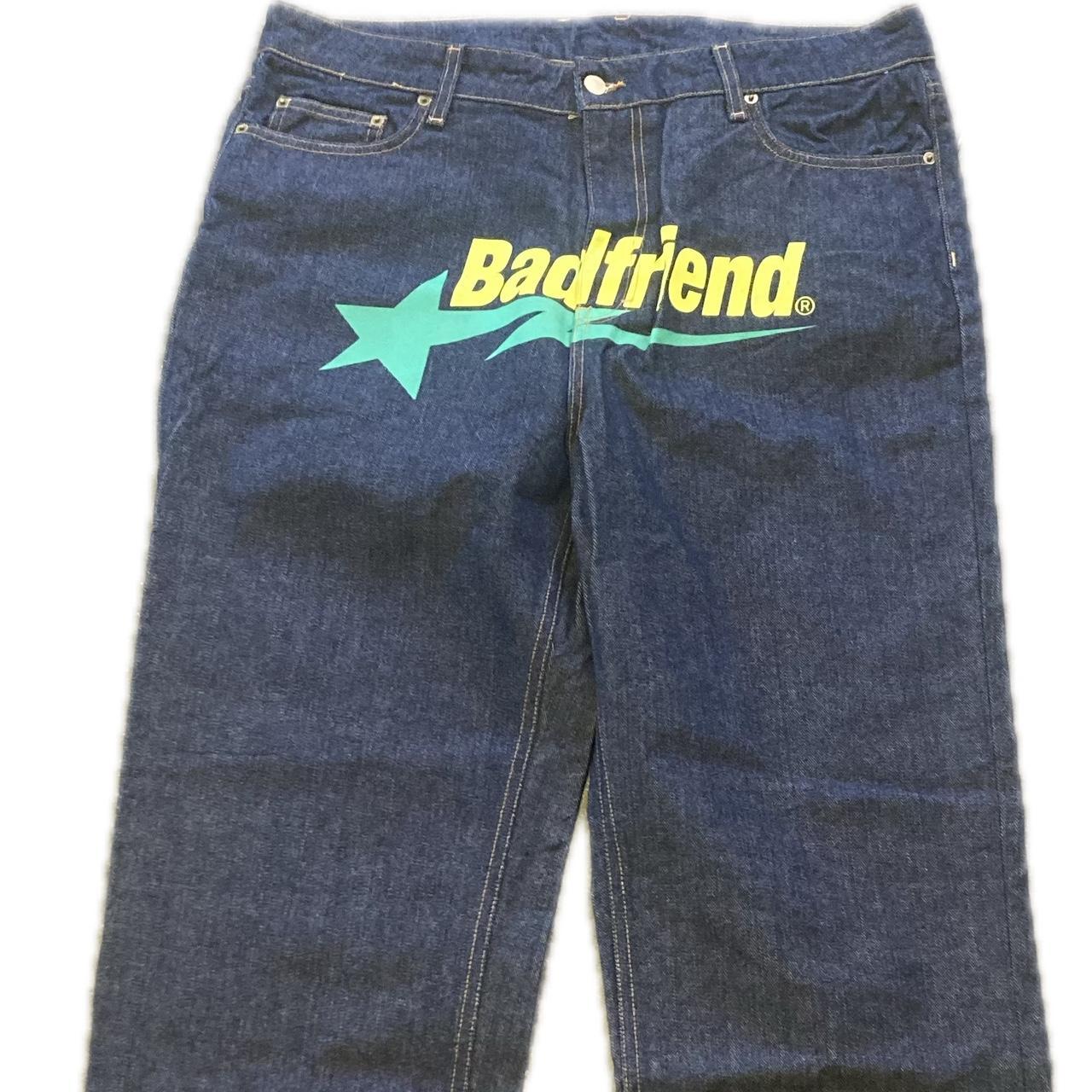 Badfriend Jeans size 38x32 navy with yellow and green - Depop