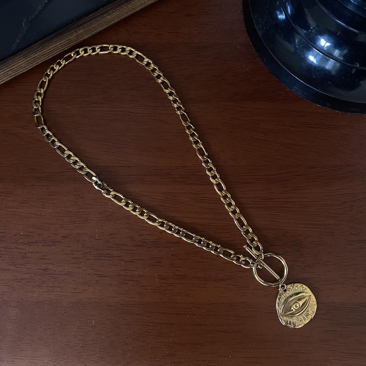 Evil eye chunky gold chain necklace. Handmade piece,... - Depop
