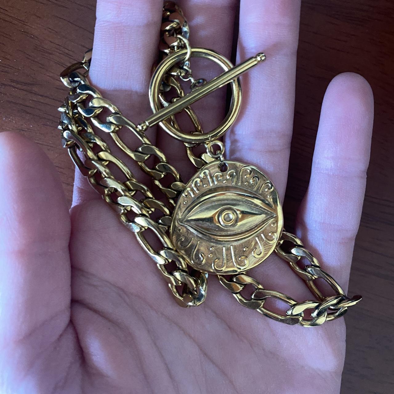Evil eye chunky gold chain necklace. Handmade piece,... - Depop