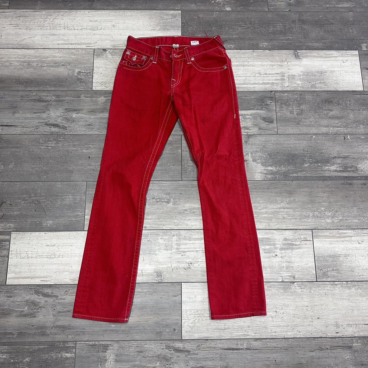 red true religion jeans white stitching basically... - Depop