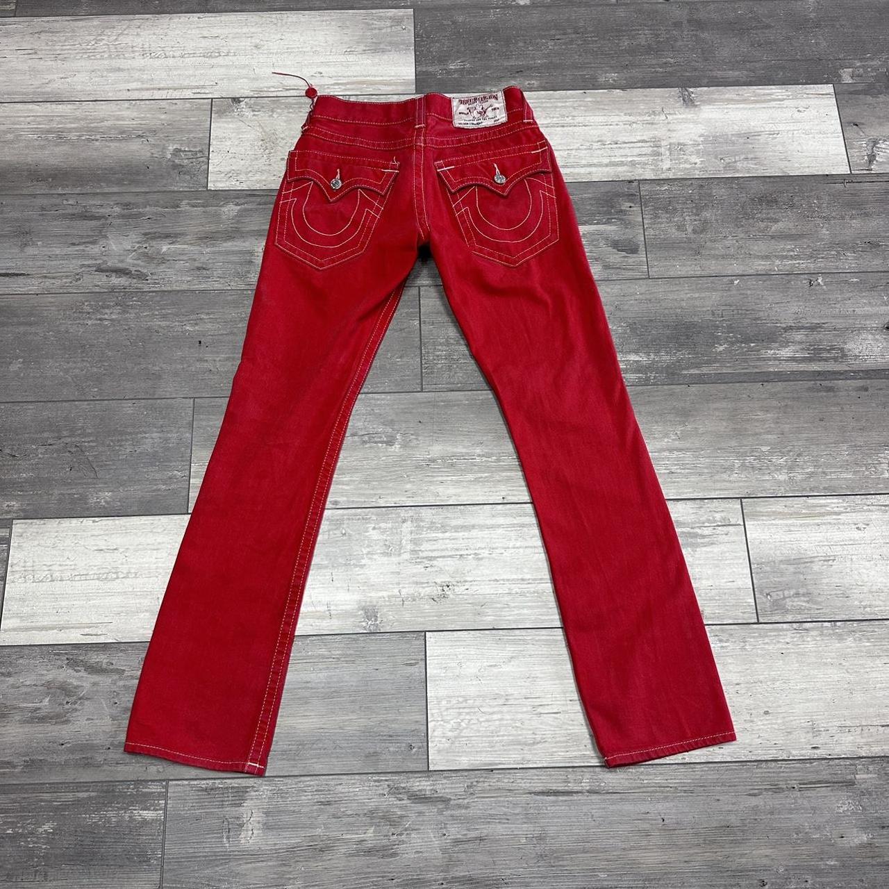 red true religion jeans white stitching basically... - Depop