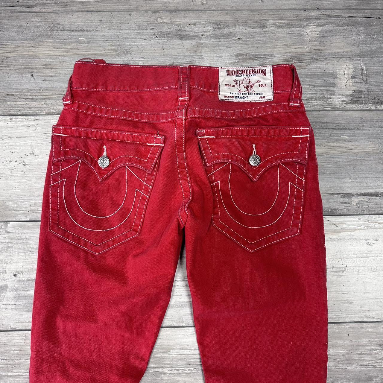 red true religion jeans white stitching basically... - Depop