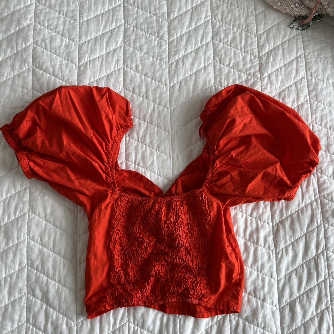 bright orange/red puff sleeve top size S SO cute for... - Depop