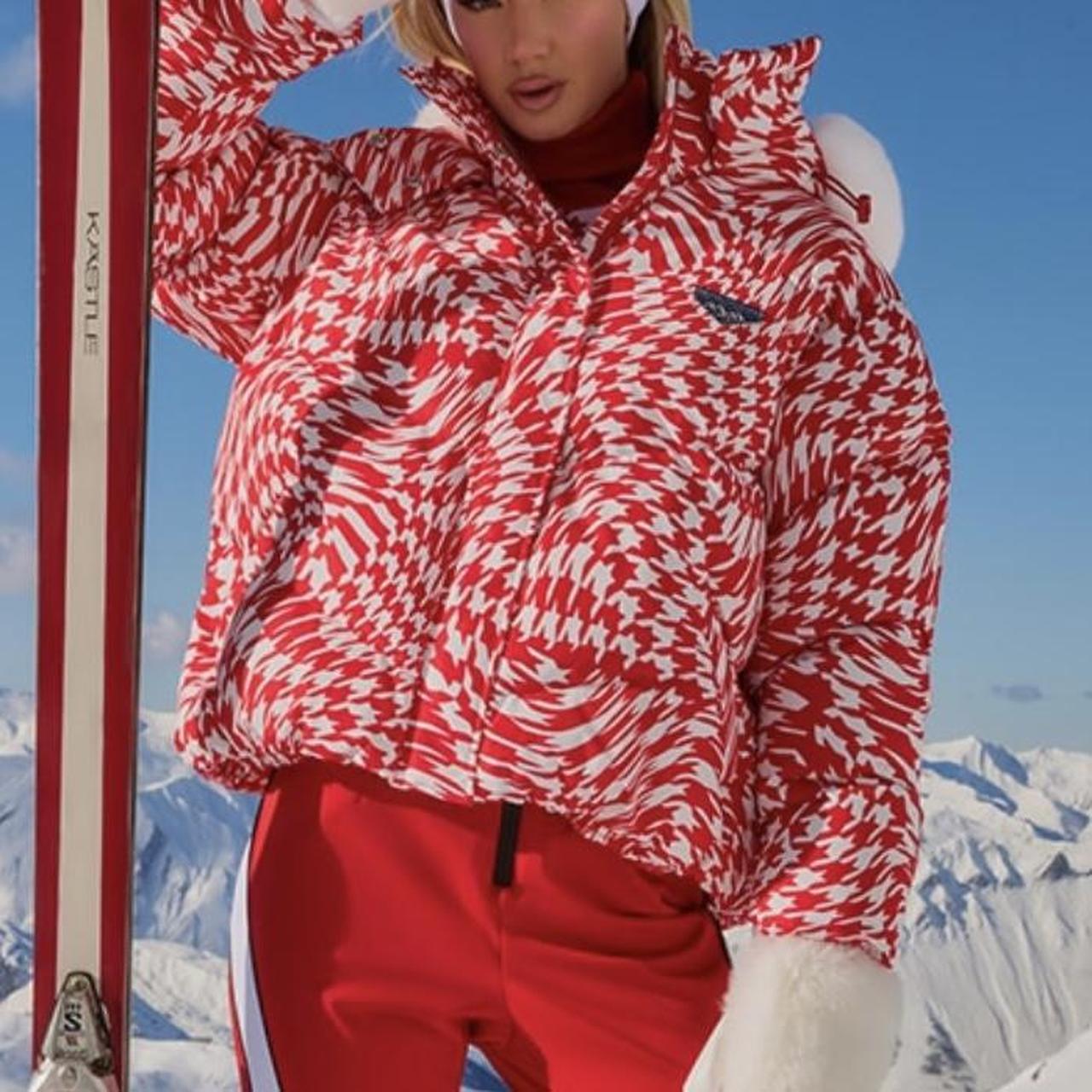 Red and white hooded dogtooth print ski puffer Size... - Depop