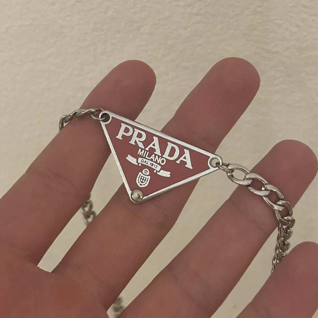 Pink Repurposed Prada Triangle Necklace 19-21... - Depop
