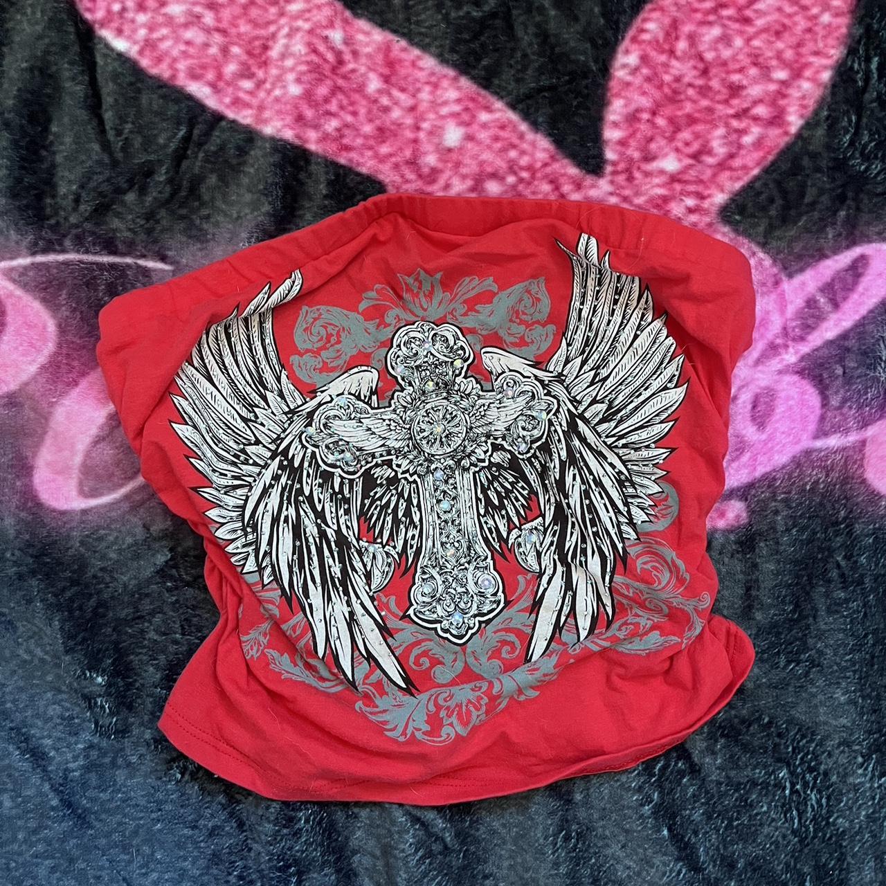 Red Cross angel wings print tube top affliction... - Depop