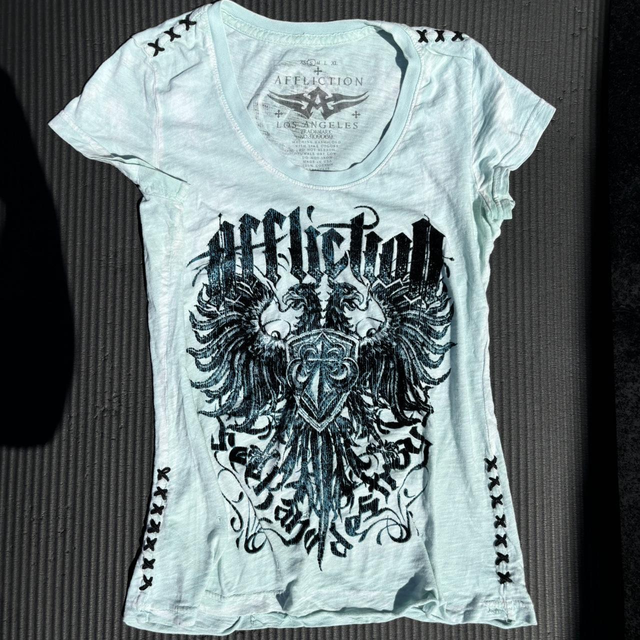 Cyan colored Affliction Tee , cool corset tie design... - Depop