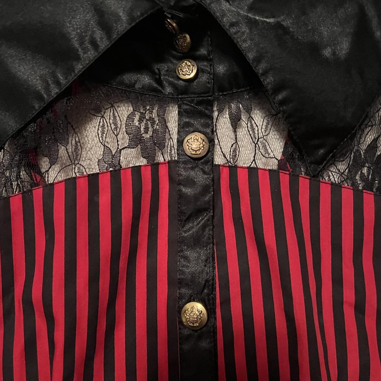 GYARU RED AND BLACK STRIPED COLLARED TOP WITH GOLD... - Depop