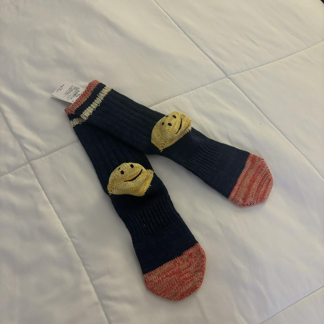 KAPITAL HAPPY HEEL SOCKS Navy and Orange colorway,... - Depop