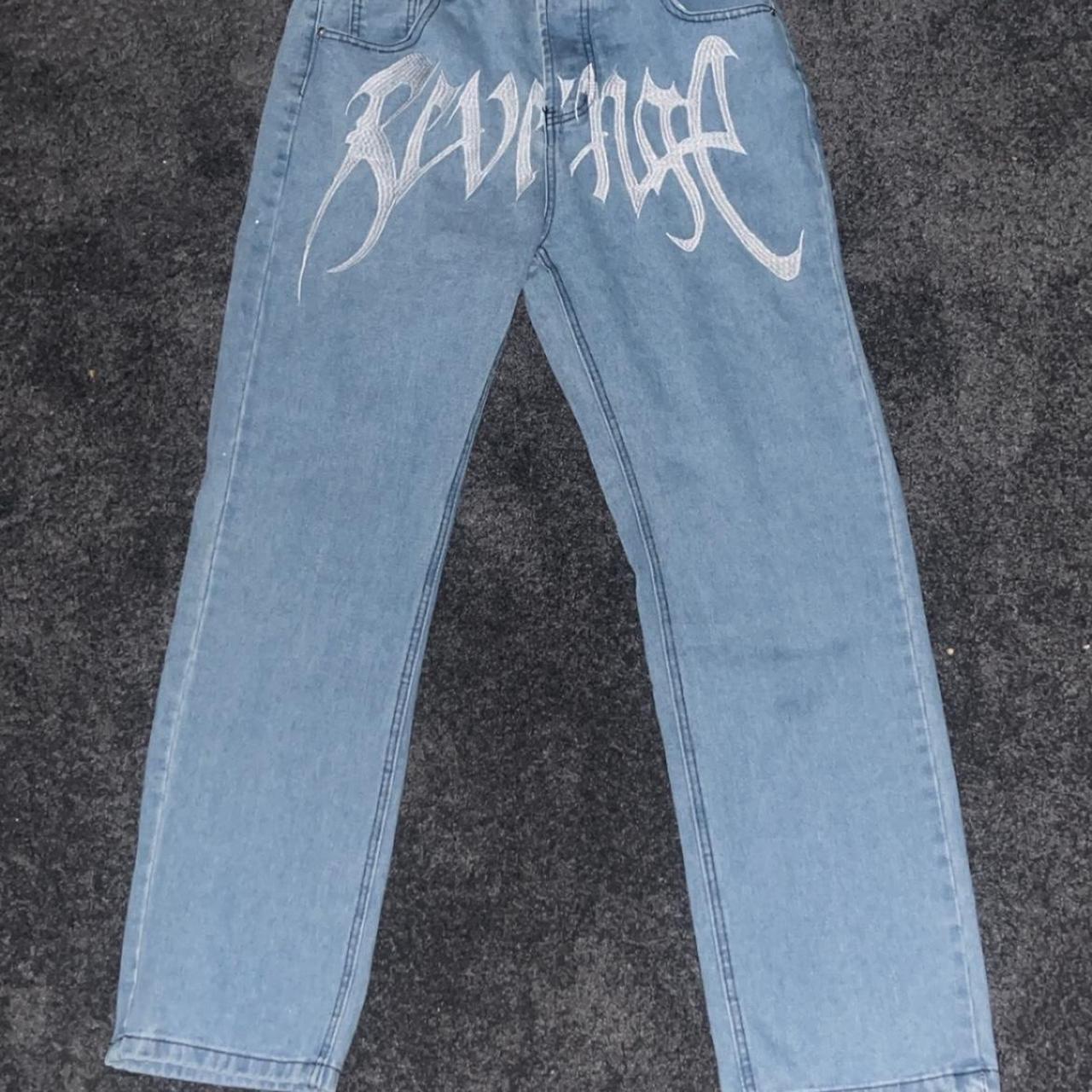 Revenge Embroidered Jeans (light blue wash)... - Depop