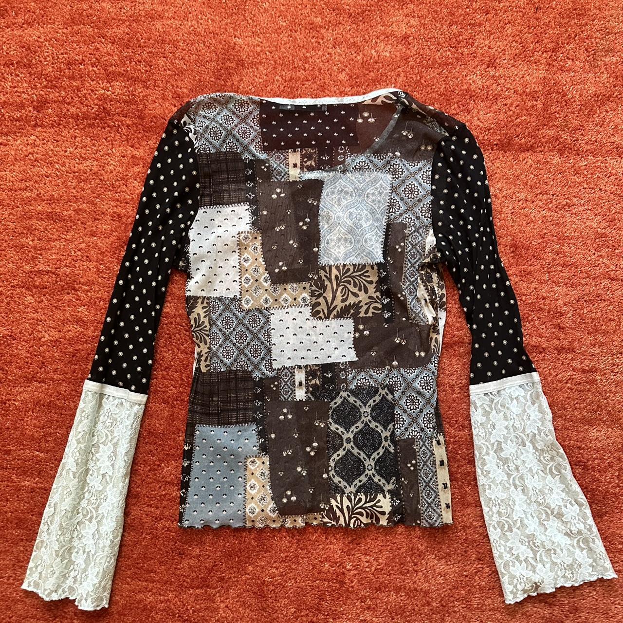 Brown and cream patchwork mesh top with lace sleeves... - Depop