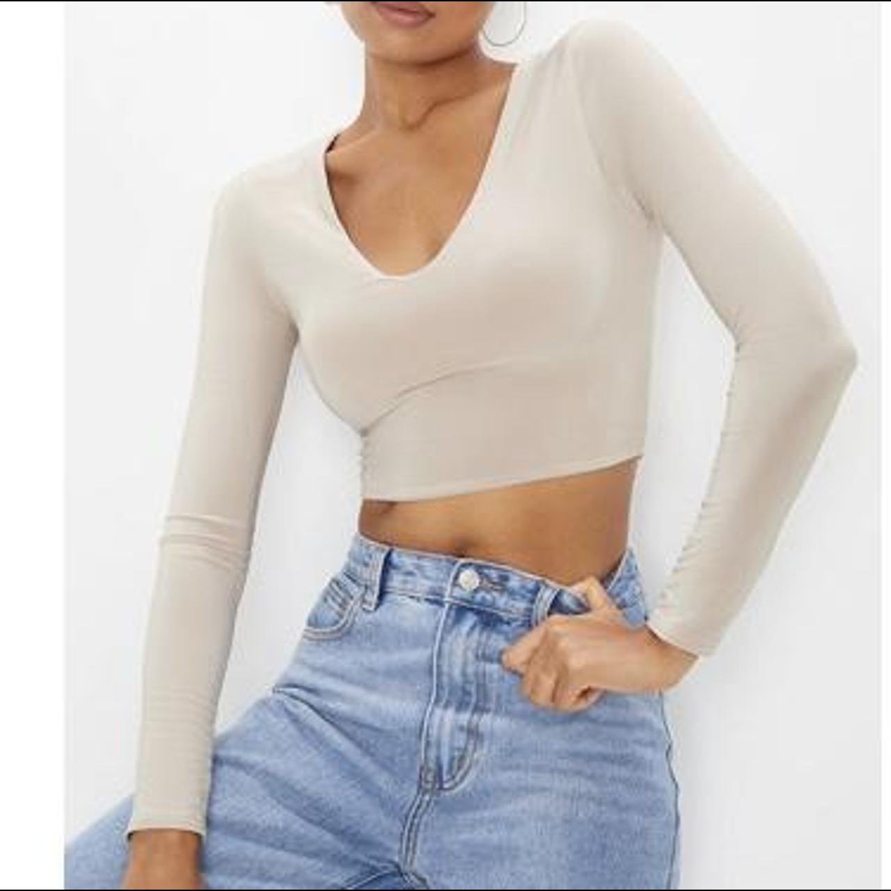 - stone second skin long sleeved v neck crop top,... - Depop