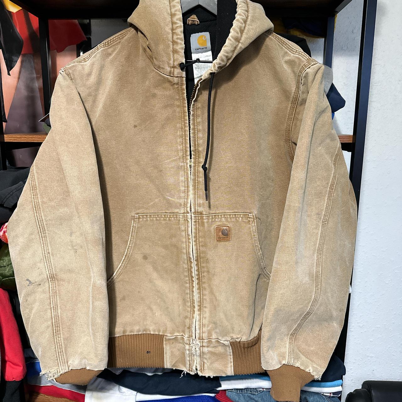 Tan Carhartt hooded jacket size L 26x29 - Depop