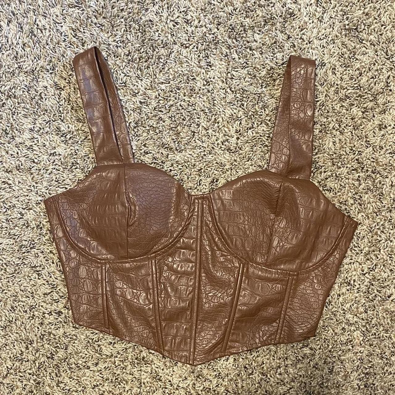 brown faux leather corset top 🤎 corset top size L,... - Depop