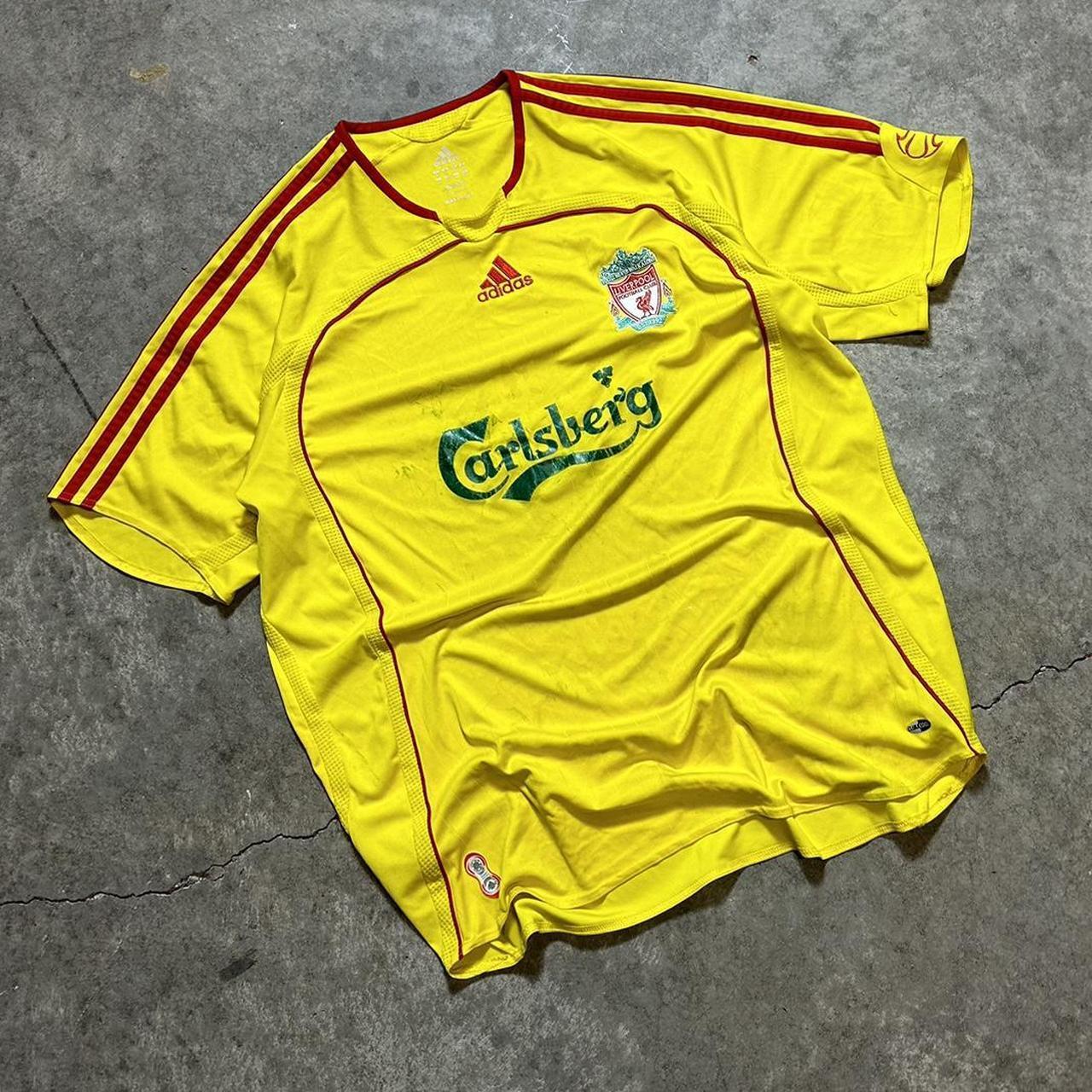 Vintage Liverpool FC yellow and red Adidas football... | Depop