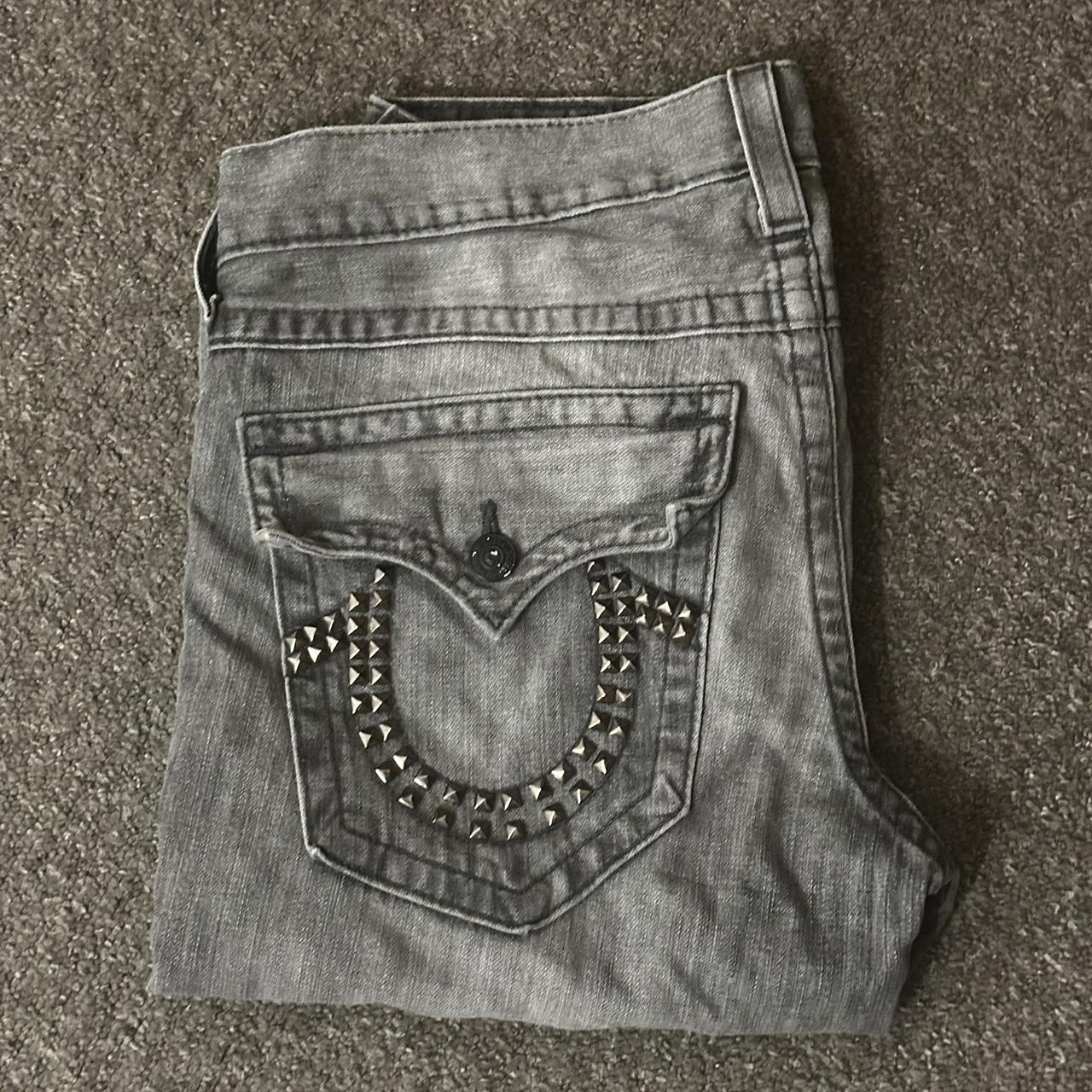 True Religion grey and silver studded jeans size... | Depop