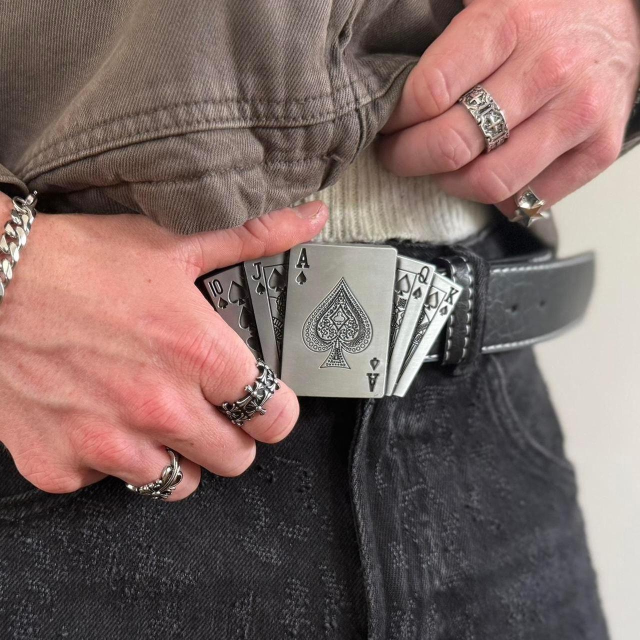 80s silver tone playing card belt buckle american... | Depop