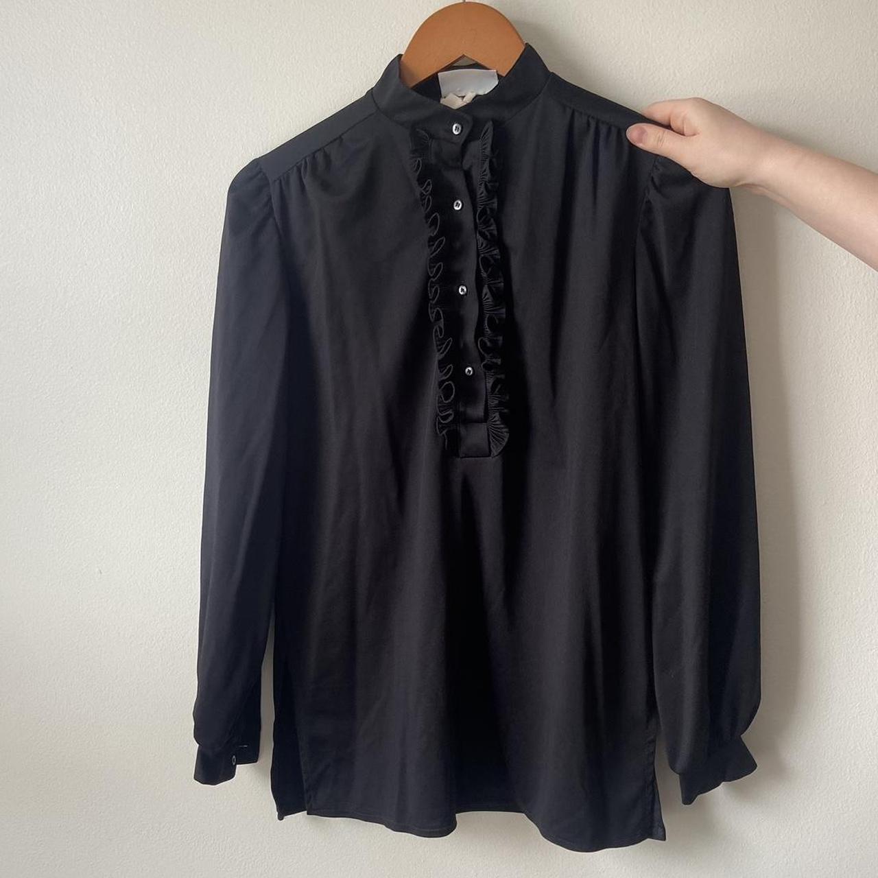 Vintage 70’s Black Ruffle Collar Button Down Blouse... - Depop