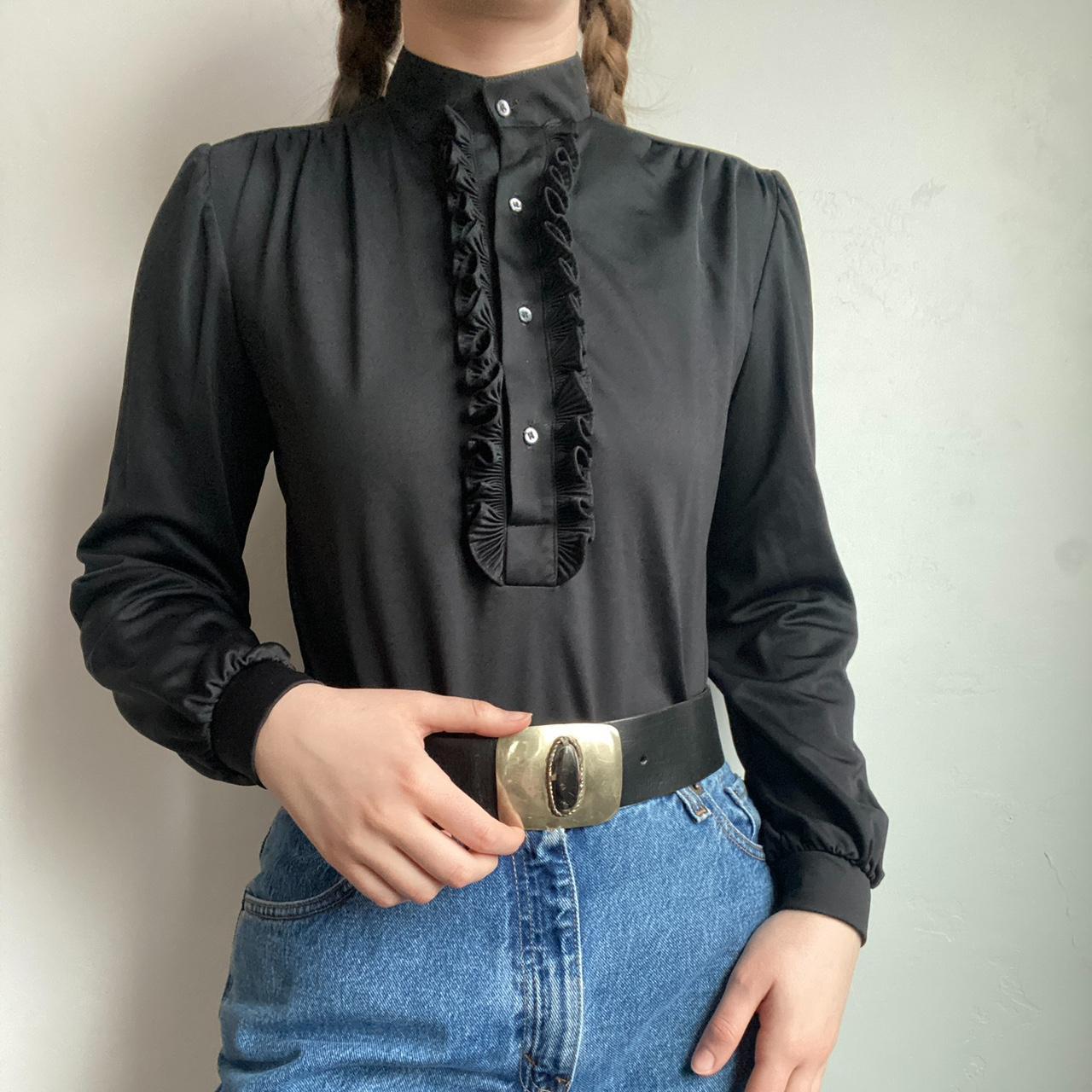 Vintage 70’s Black Ruffle Collar Button Down Blouse... - Depop