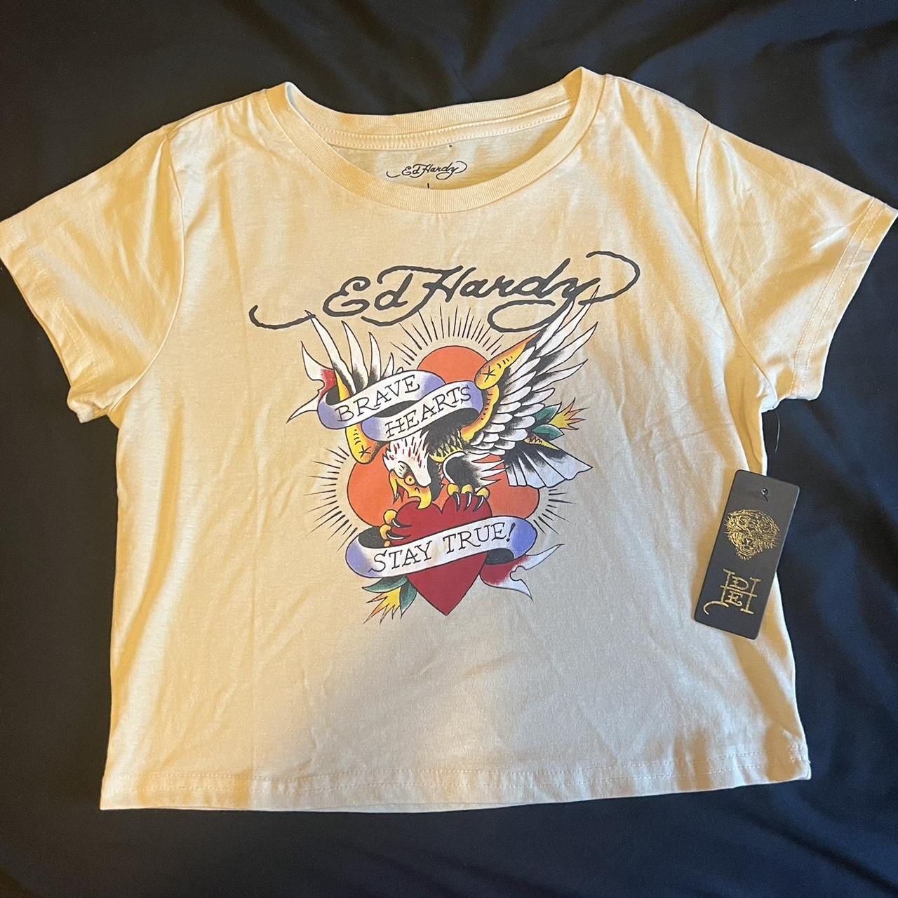 Ed Hardy Women's Yellow and Cream T-shirt | Depop